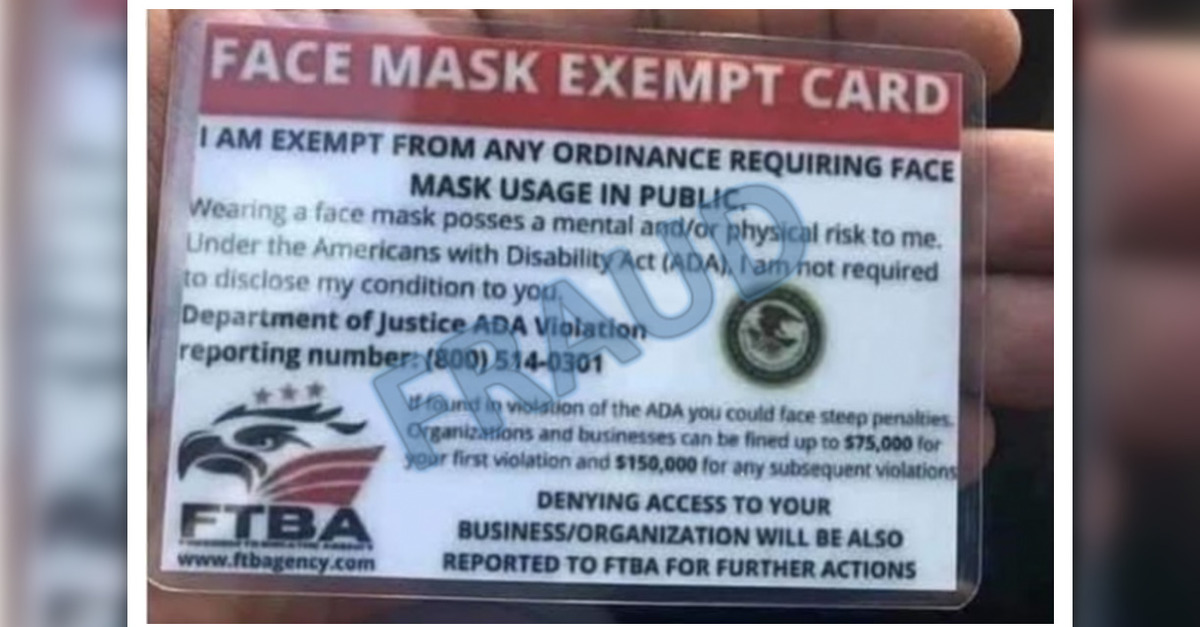 DOJ Warns 'Face Mask Exempt' Cards Are Fake | Law & Crime